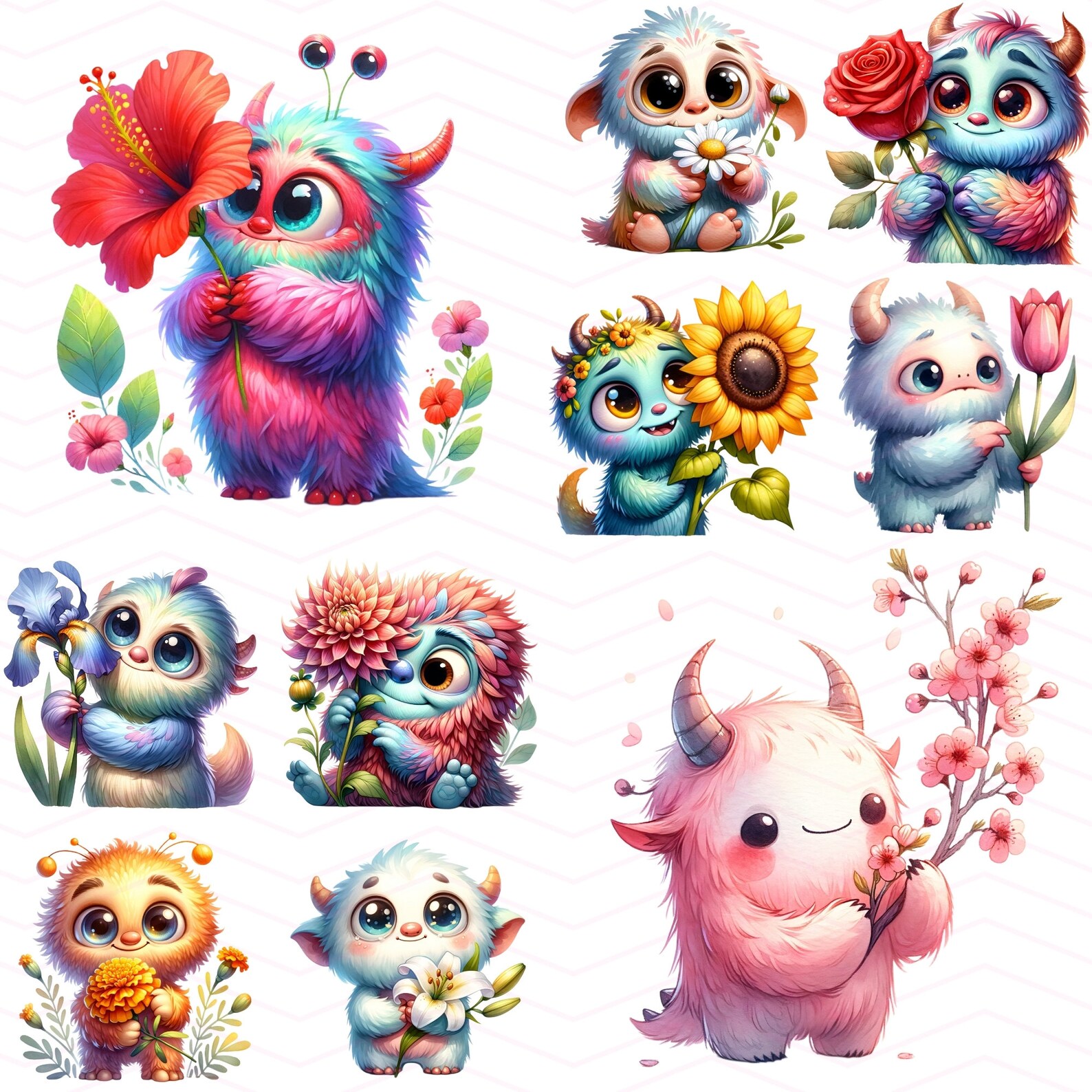 Enchanted Floral Monsters Clipart Cute Watercolor Creatures With ...