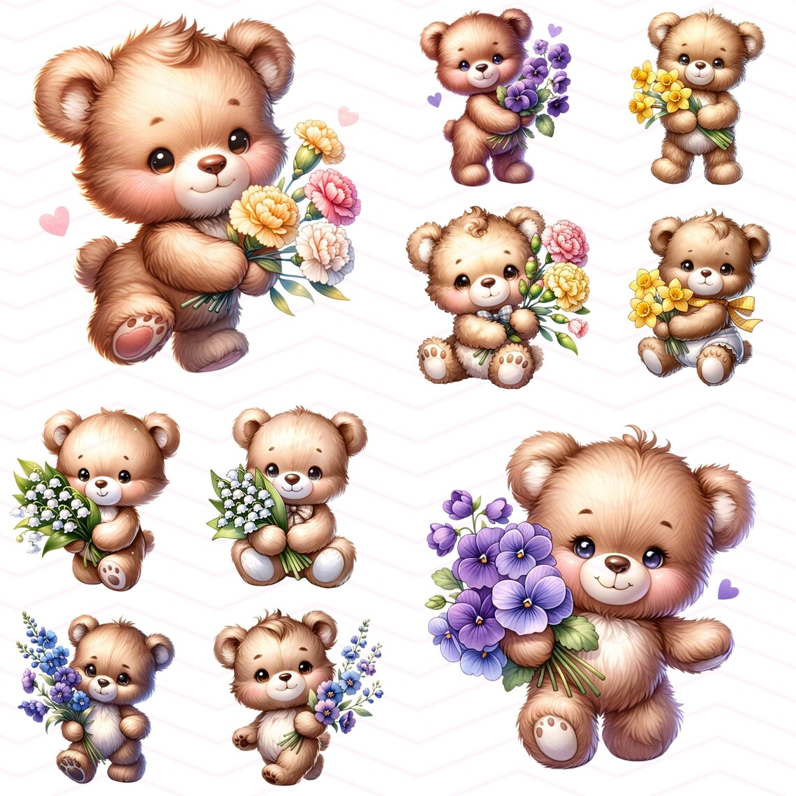Watercolor Cute Bear Clipart, Bears With Flowers, Birth Month Flowers ...
