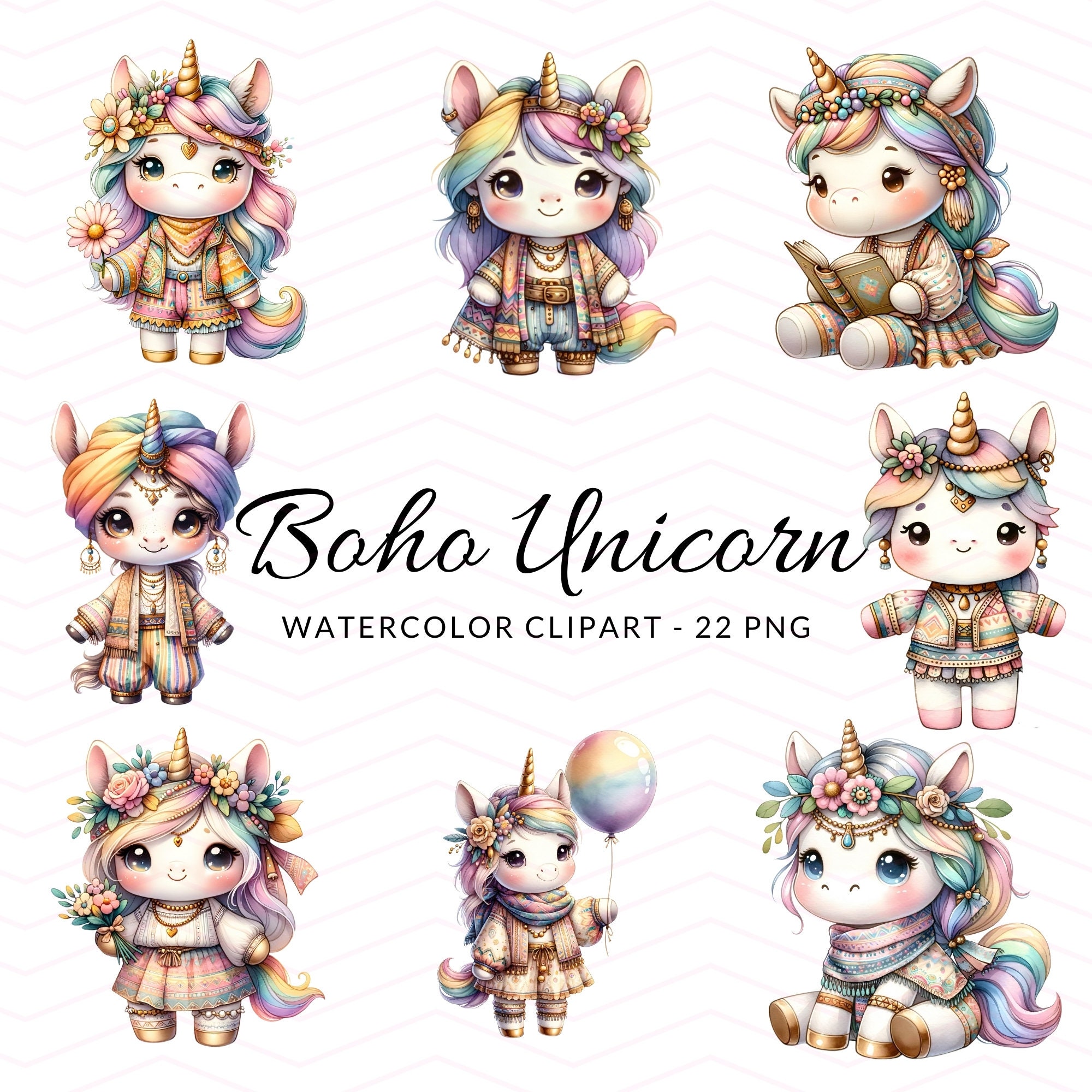 Boho Unicorn Clipart Set Whimsical Watercolor Unicorns Digital Download ...