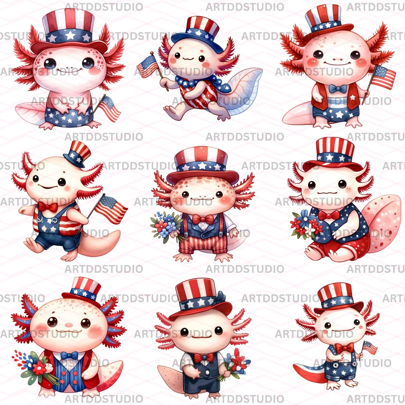 Patriotic Axolotl Watercolor Clipart Set, 4th of July Axolotl ...