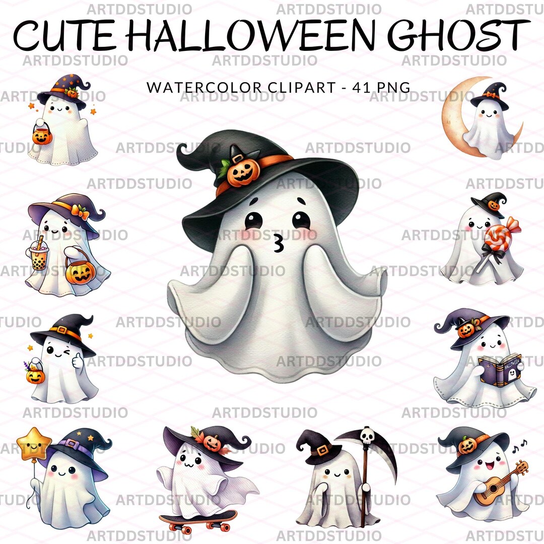 Cute Halloween Ghost Watercolor Clipart Bundle, Witch Hat Ghosts, BOO ...