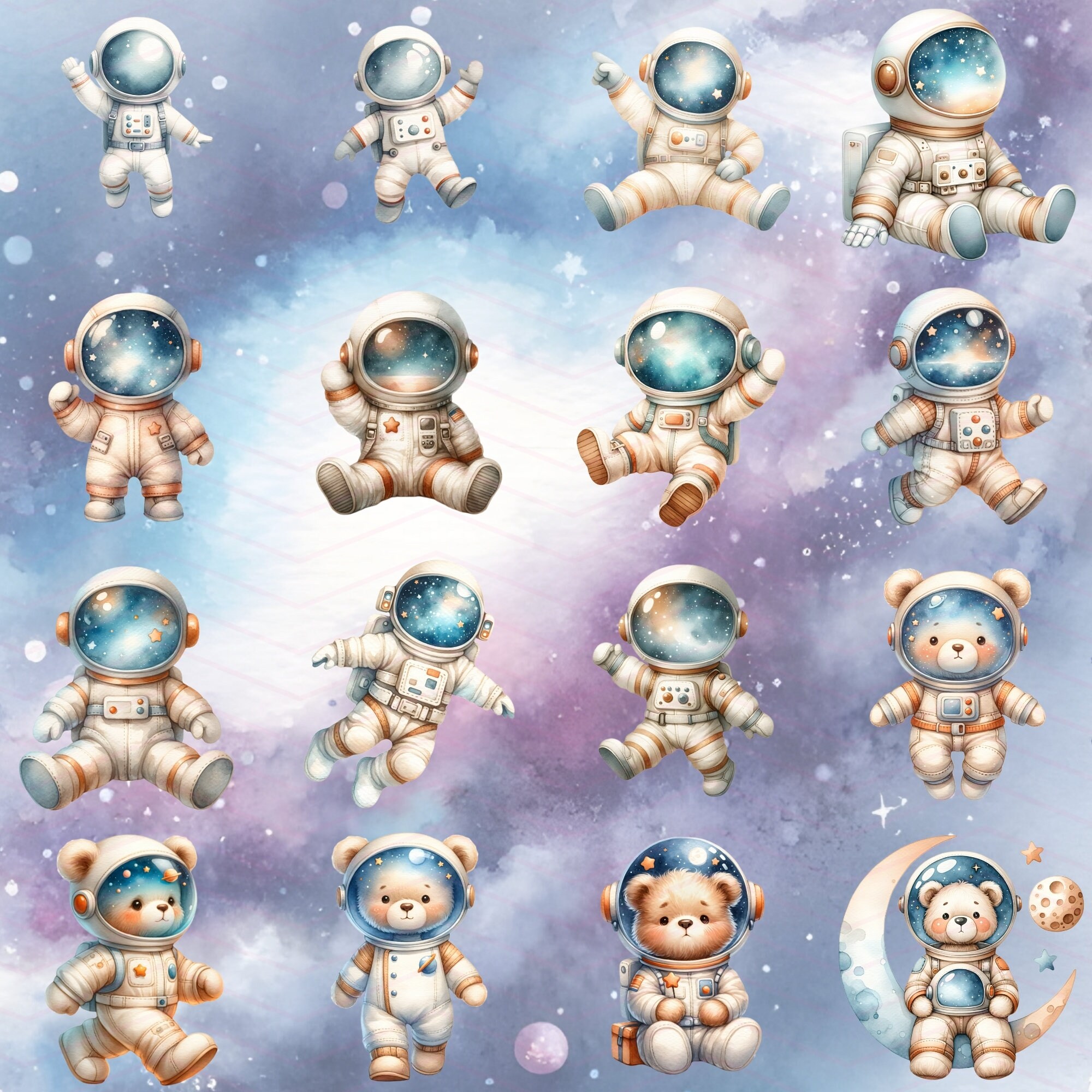 Space Adventure Watercolor Clipart - Astronauts, Aliens and Planets ...