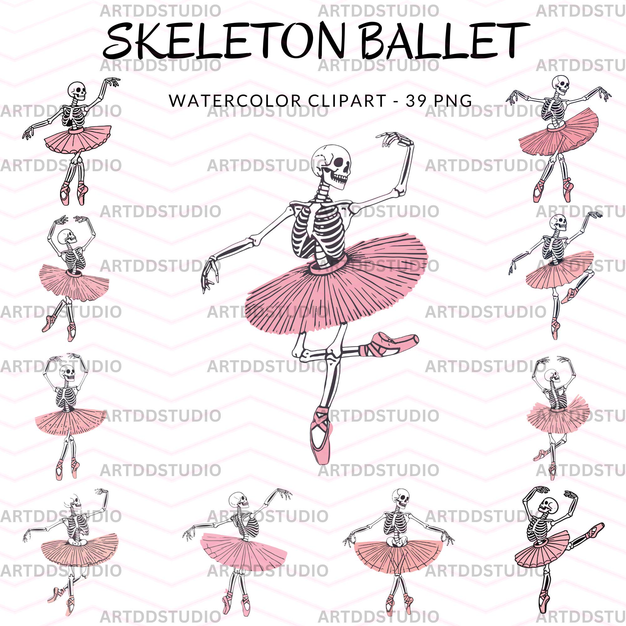 Skeleton Ballet Watercolor Clipart, Dance Themed Skeleton Illustration ...