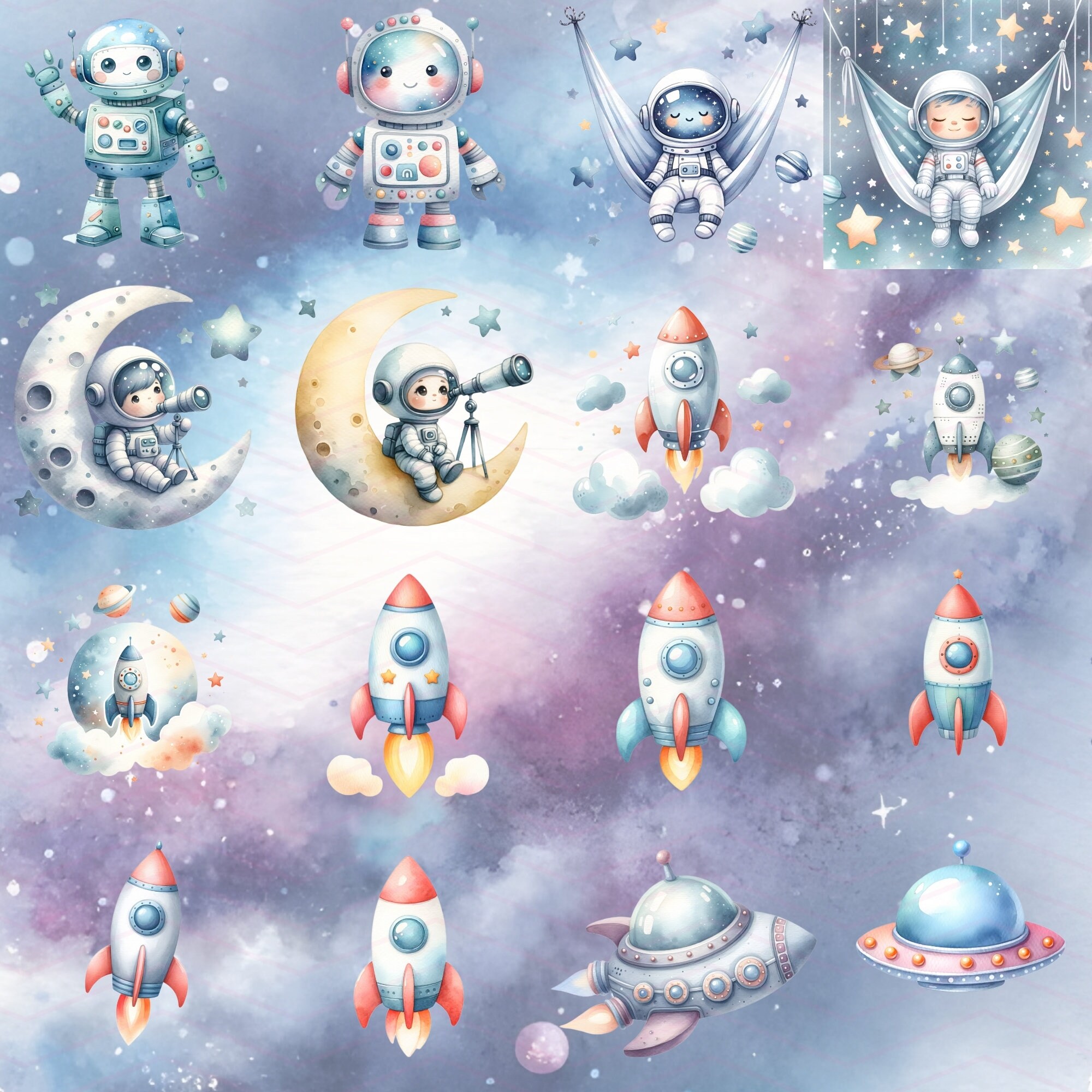 Space Adventure Watercolor Clipart - Astronauts, Aliens and Planets ...