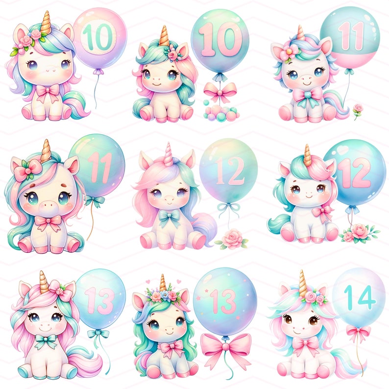 Watercolor Birthday Unicorn Clipart Cute Party Unicorns With Balloons ...