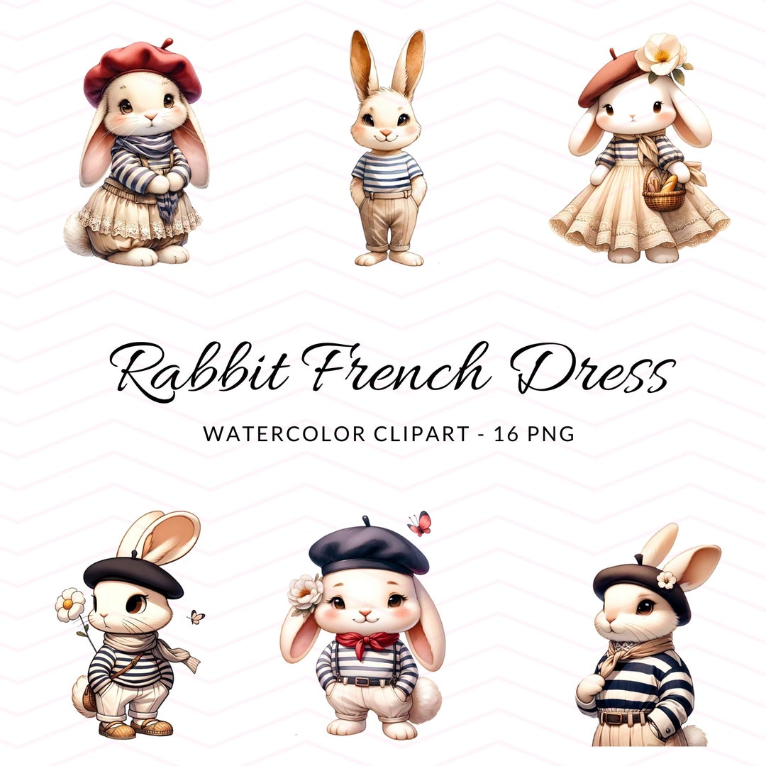 Parisian Rabbit Clipart: French Style, Watercolor Bunnies (digital ...