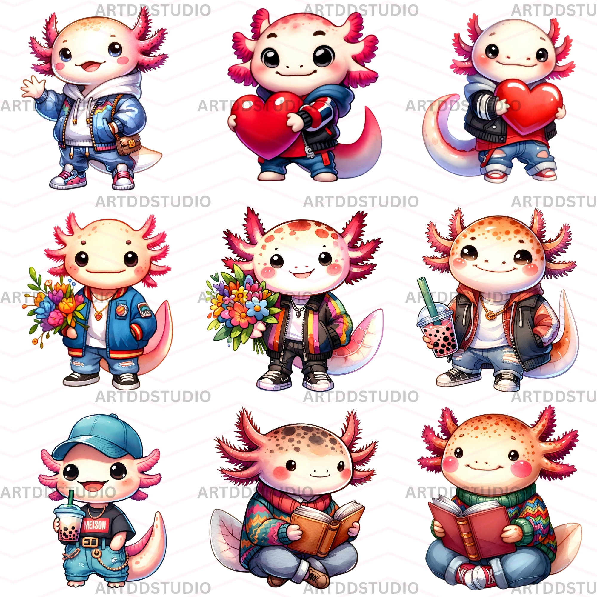 Streetwear Axolotl Clipart Collection Watercolor Axolotl PNG Files for ...