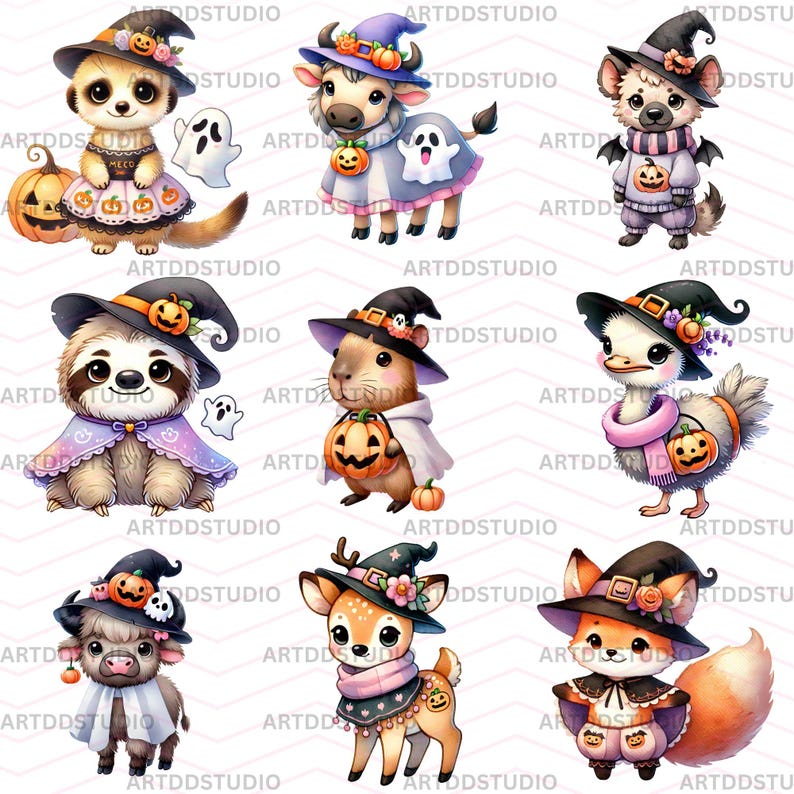 Halloween Animals Clipart Set, Cute Watercolor Digital Download, PNG ...