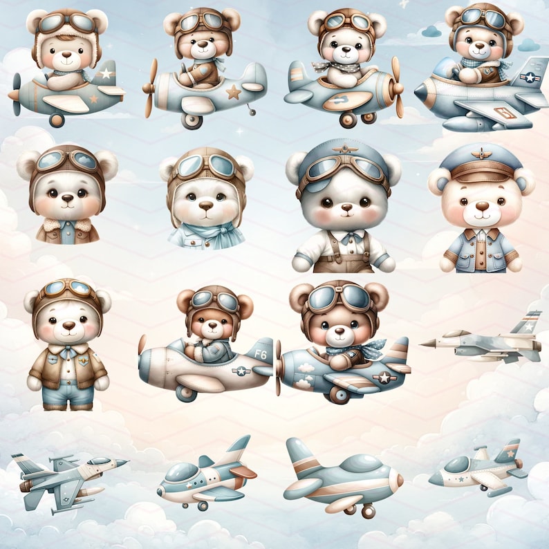 Watercolor Aviator Bear Clipart: Pilot Teddy & Airplanes (digital ...