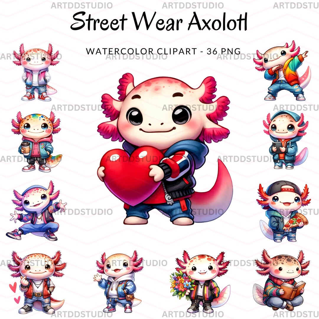 Streetwear Axolotl Clipart Collection - Watercolor Axolotl PNG Files ...