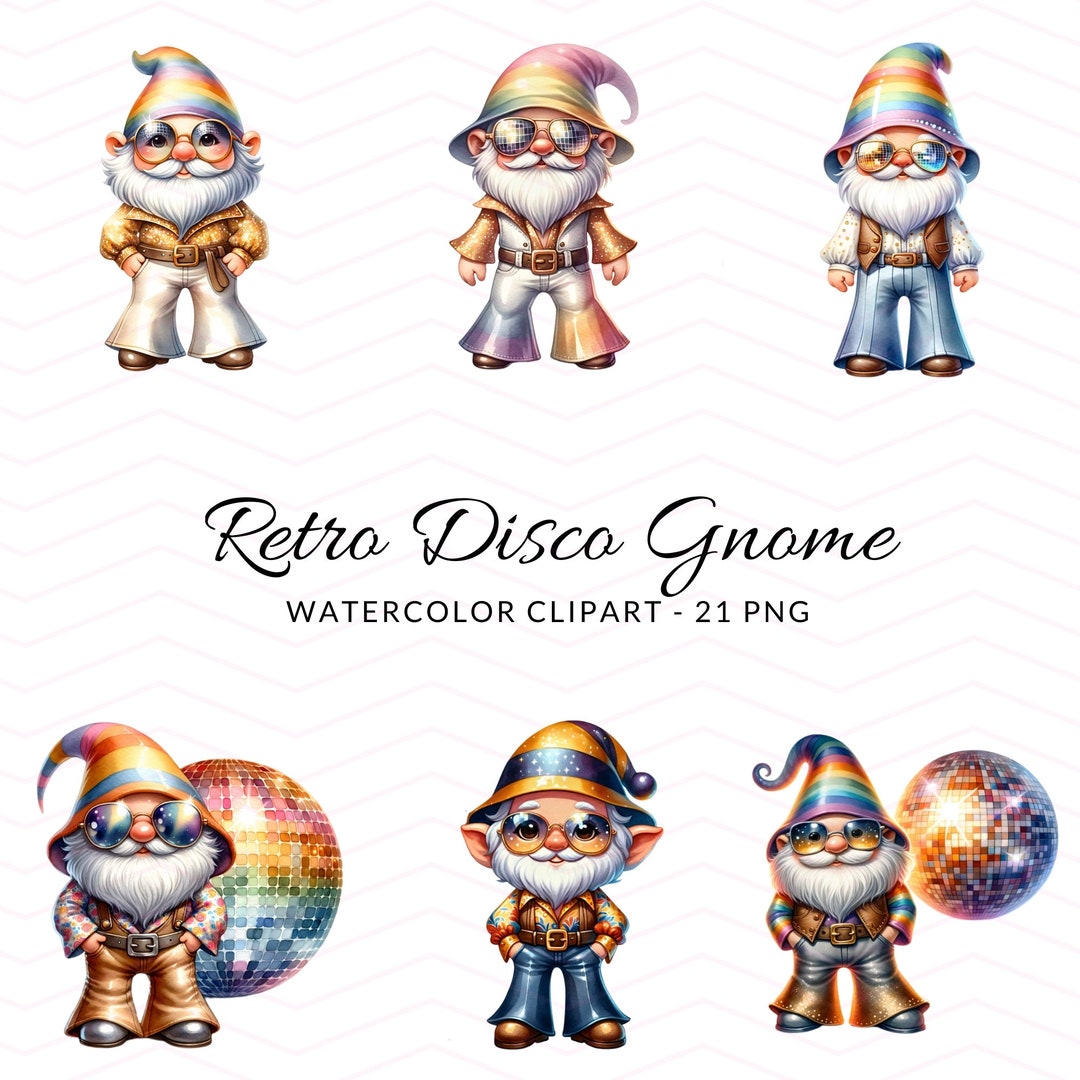 Retro Disco Gnome Clipart - Groovy Watercolor PNG Images - Digital ...