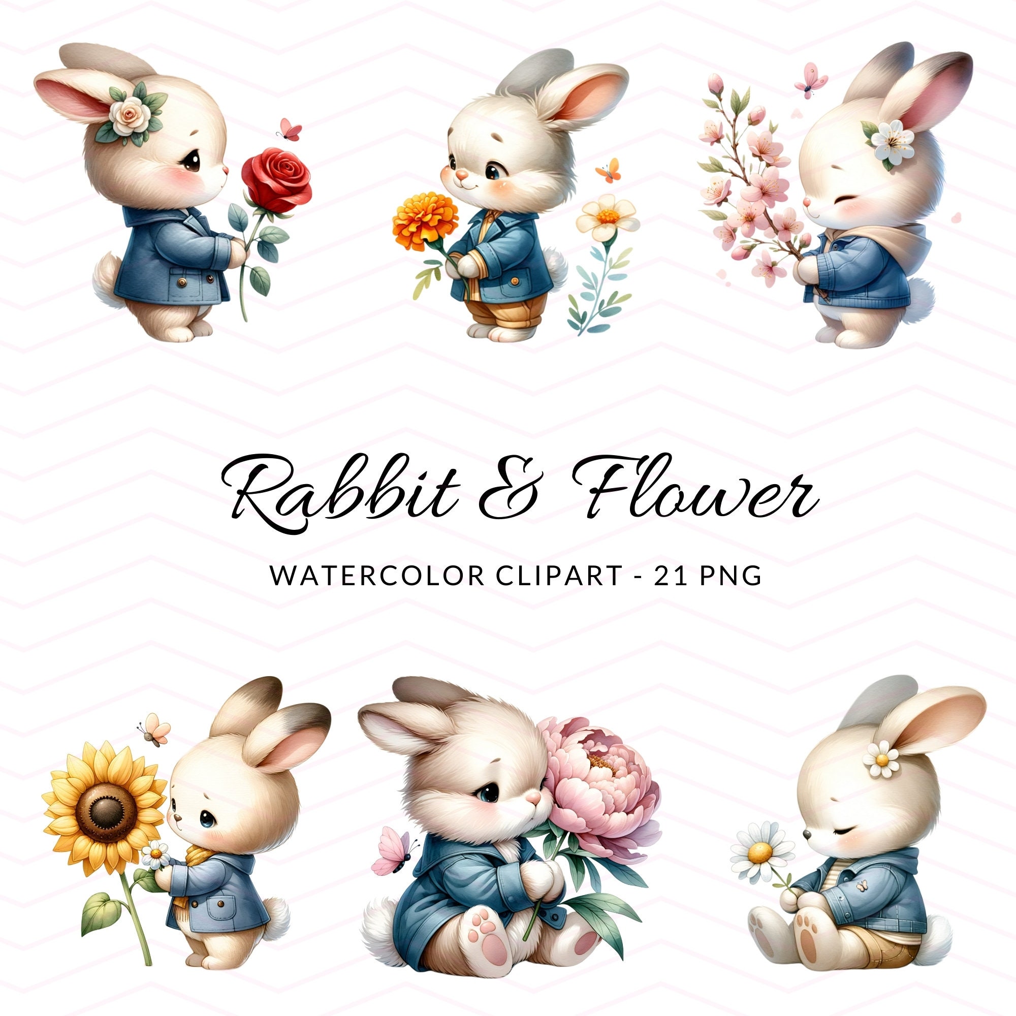 Watercolor Bunny Clipart: Floral Rabbit PNG Collection (digital ...