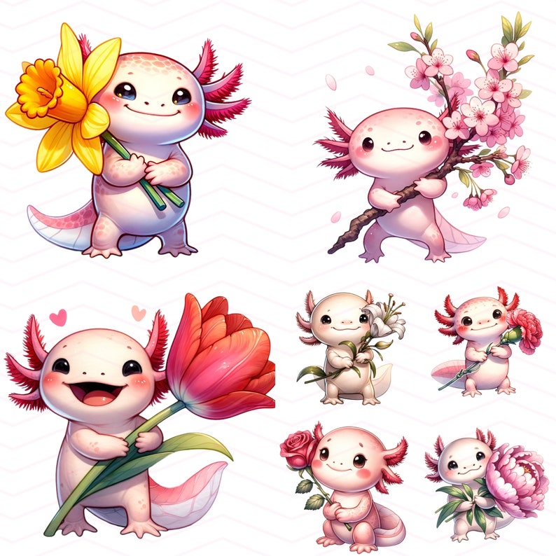 Floral Axolotl Watercolor Clipart, Cute Axolotls With Flowers PNG ...