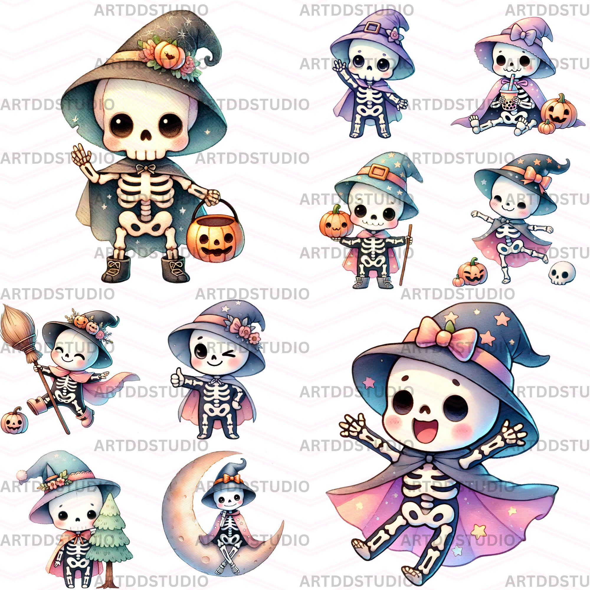 Cute Skeleton Halloween Clipart Bundle | 40 PNG Watercolor Digital ...