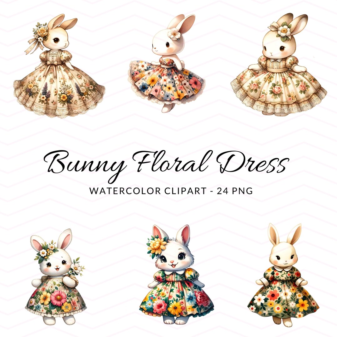 Enchanted Garden Bunny Watercolor Clipart - Charming Floral Dress ...