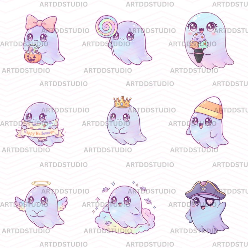 Kawaii Halloween Ghost Clipart Bundle: 31 Pastel Watercolor Pngs ...