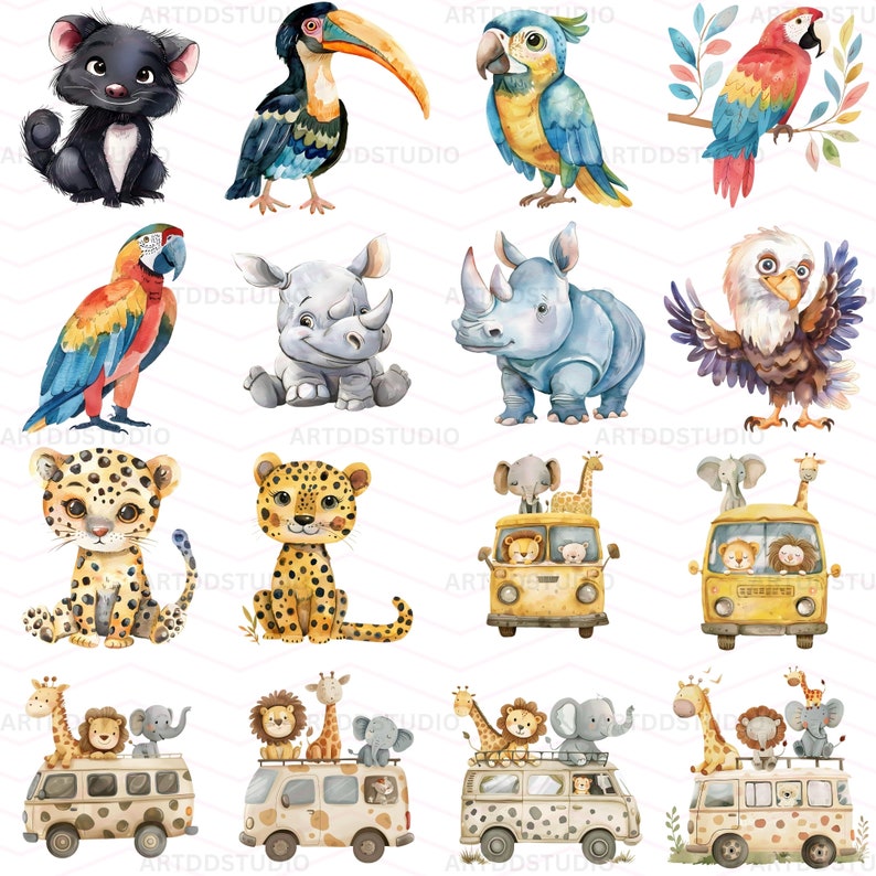 Watercolor Safari Animal Clipart: Jungle Friends PNG Set (92 Images ...