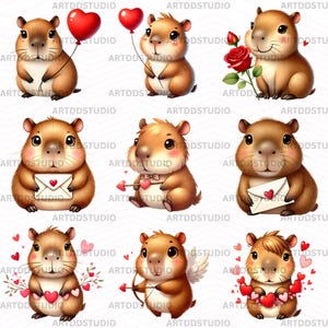 Valentine’s Capybara Watercolor Clipart, Cute Capybara, Cupid Capybara ...