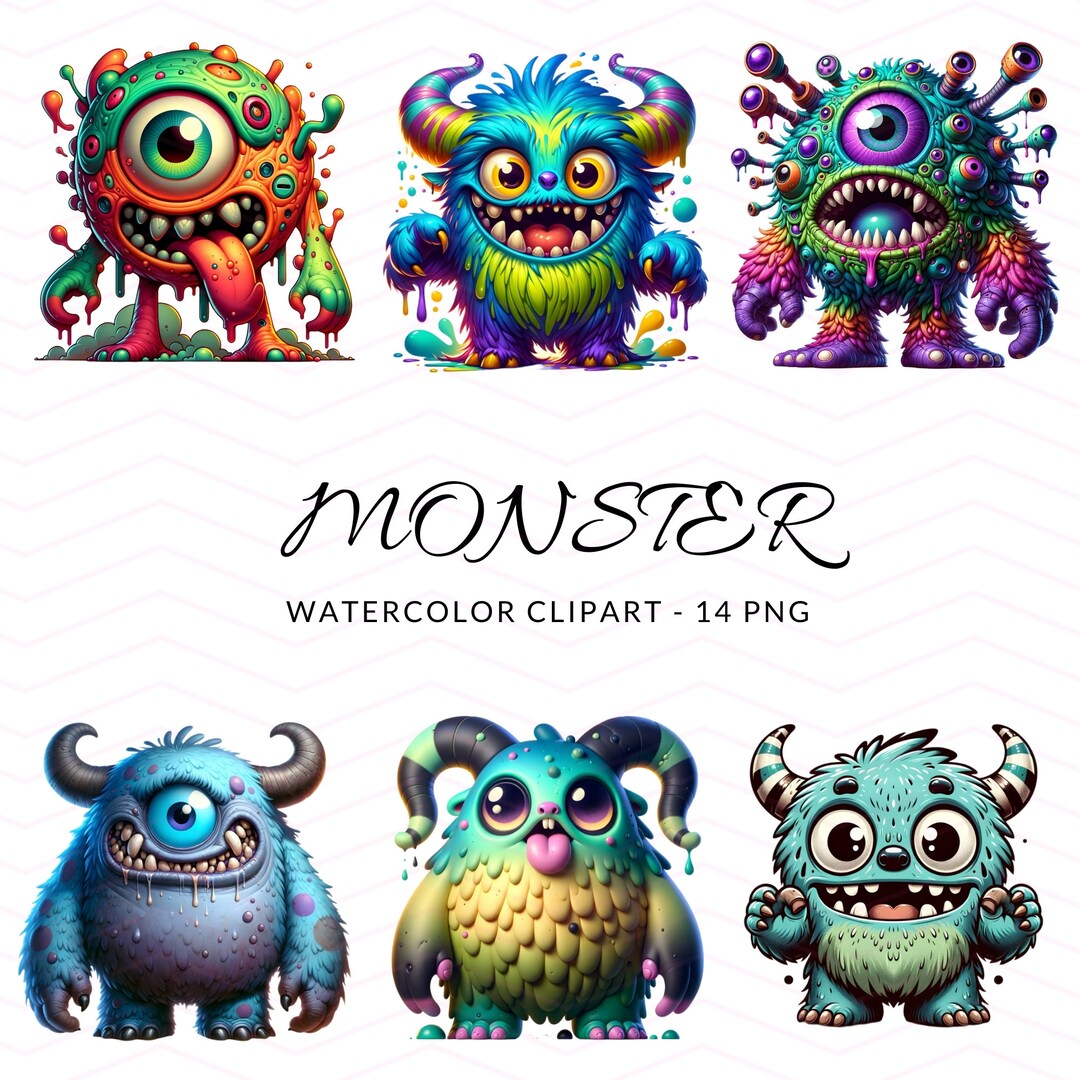 Monster Watercolor Clipart, Cute Digital Creatures PNG, Party Invites ...