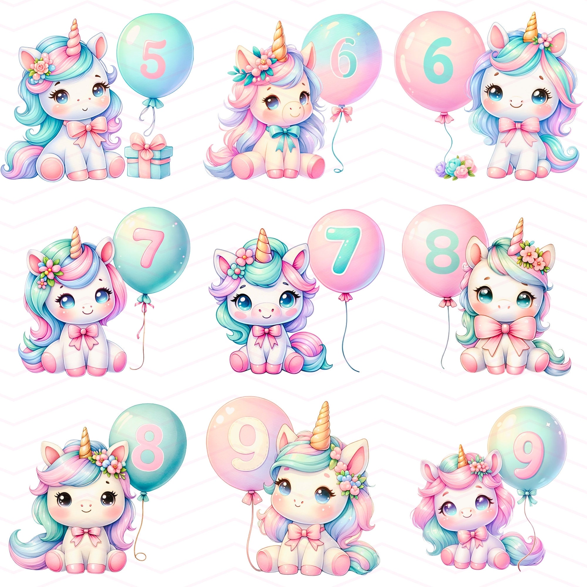 Watercolor Birthday Unicorn Clipart Cute Party Unicorns With Balloons ...