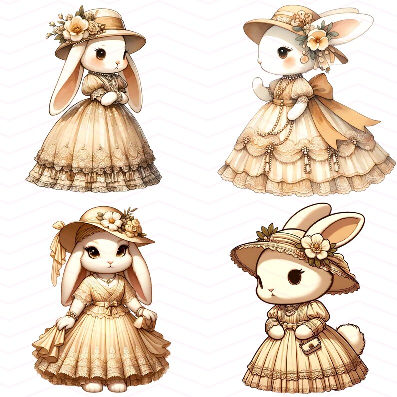 Charming Vintage Rabbit Clipart Elegant Dress-up Bunnies 16 PNG Digital ...
