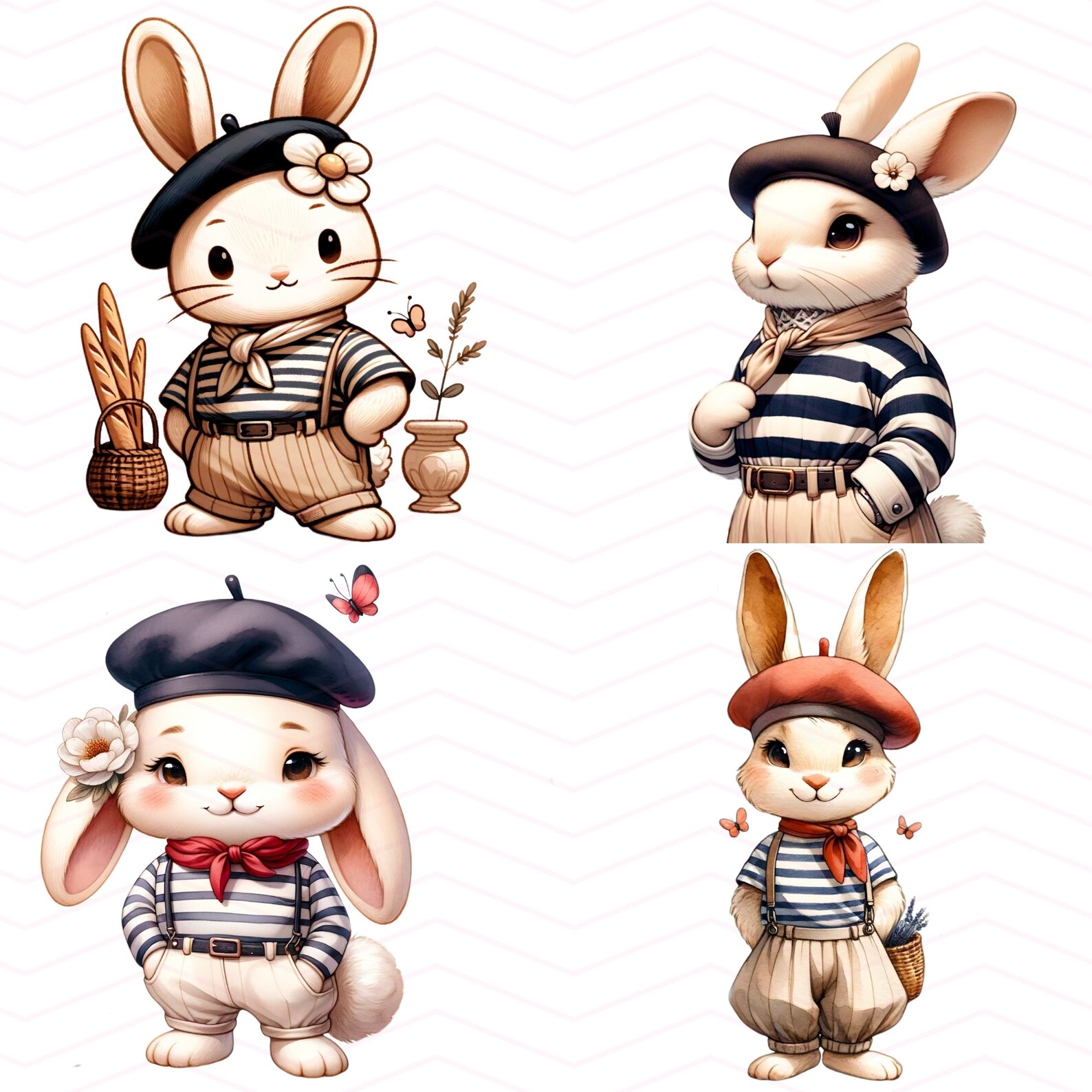 Parisian Rabbit Clipart: French Style, Watercolor Bunnies (digital ...