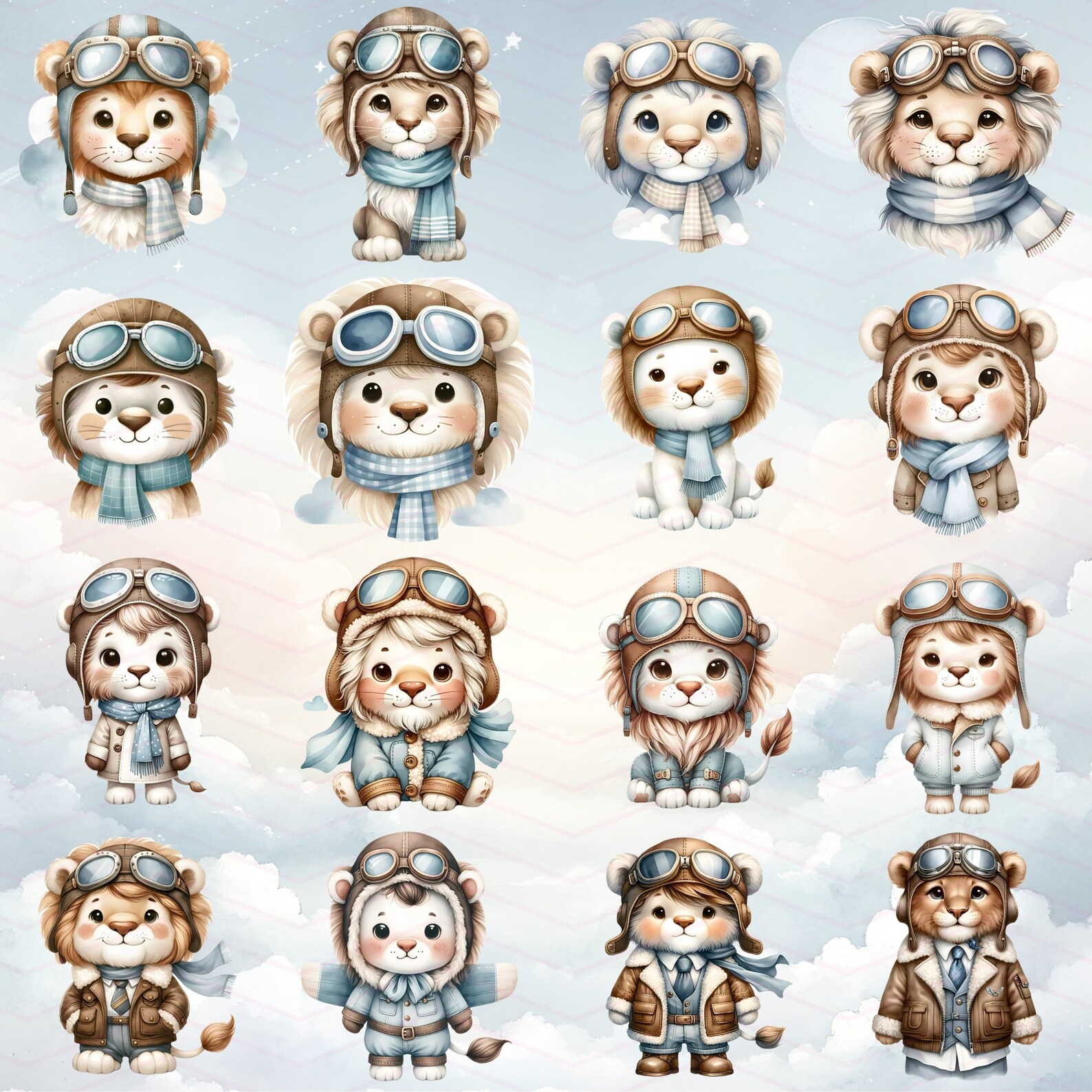 Aviator Lion Watercolor Clipart Pilot Lion & Airplanes Pngs, Kids ...