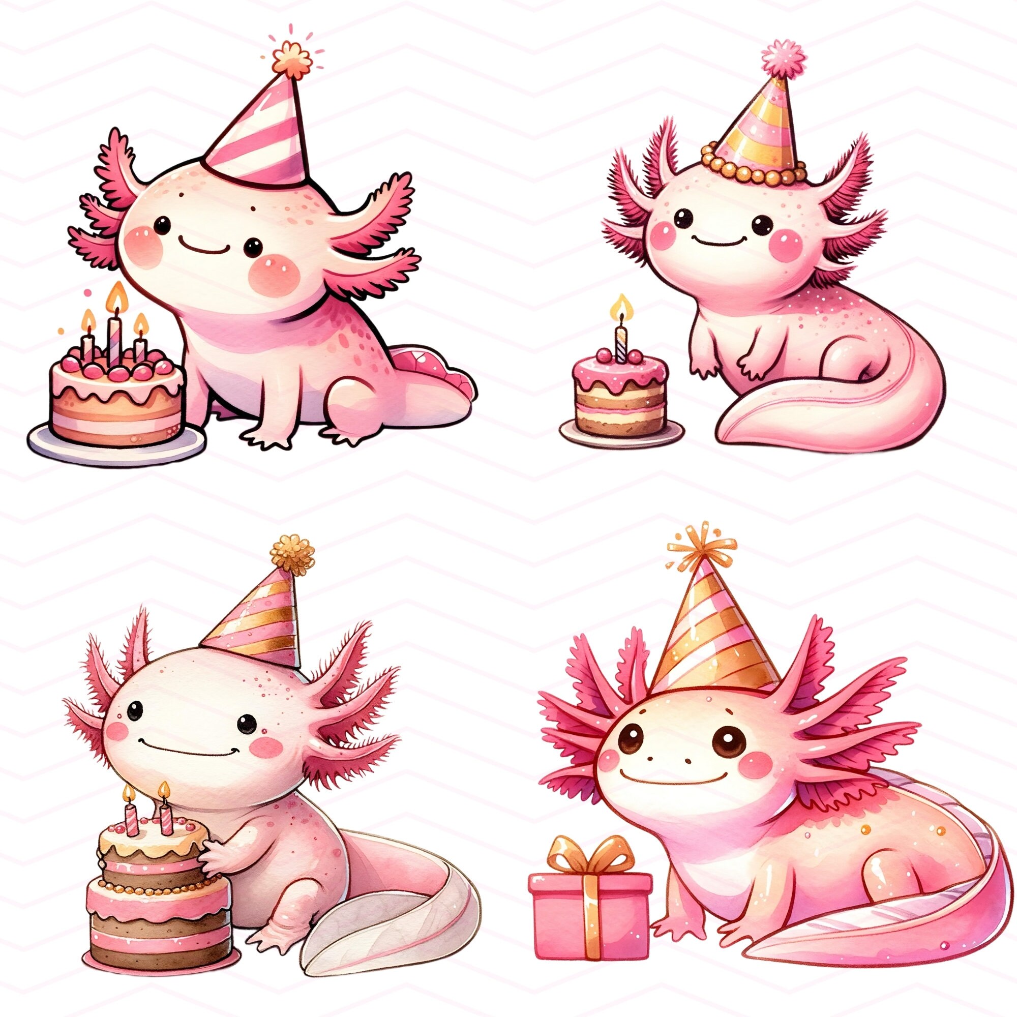 Cheerful Axolotl Birthday Party Clipart, Cute Watercolor PNG Images for ...