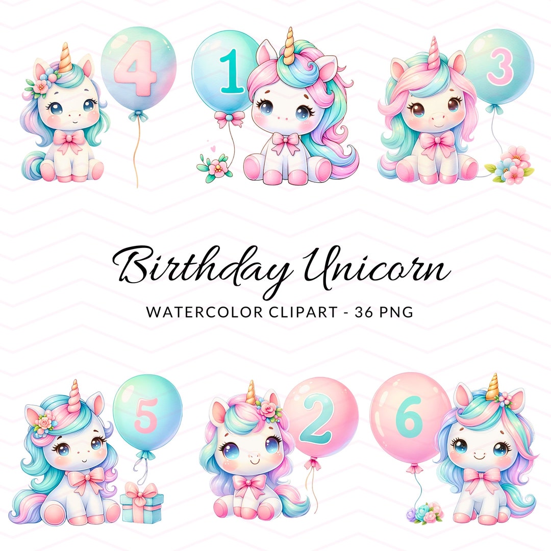 Watercolor Birthday Unicorn Clipart - Cute Party Unicorns With Balloons ...