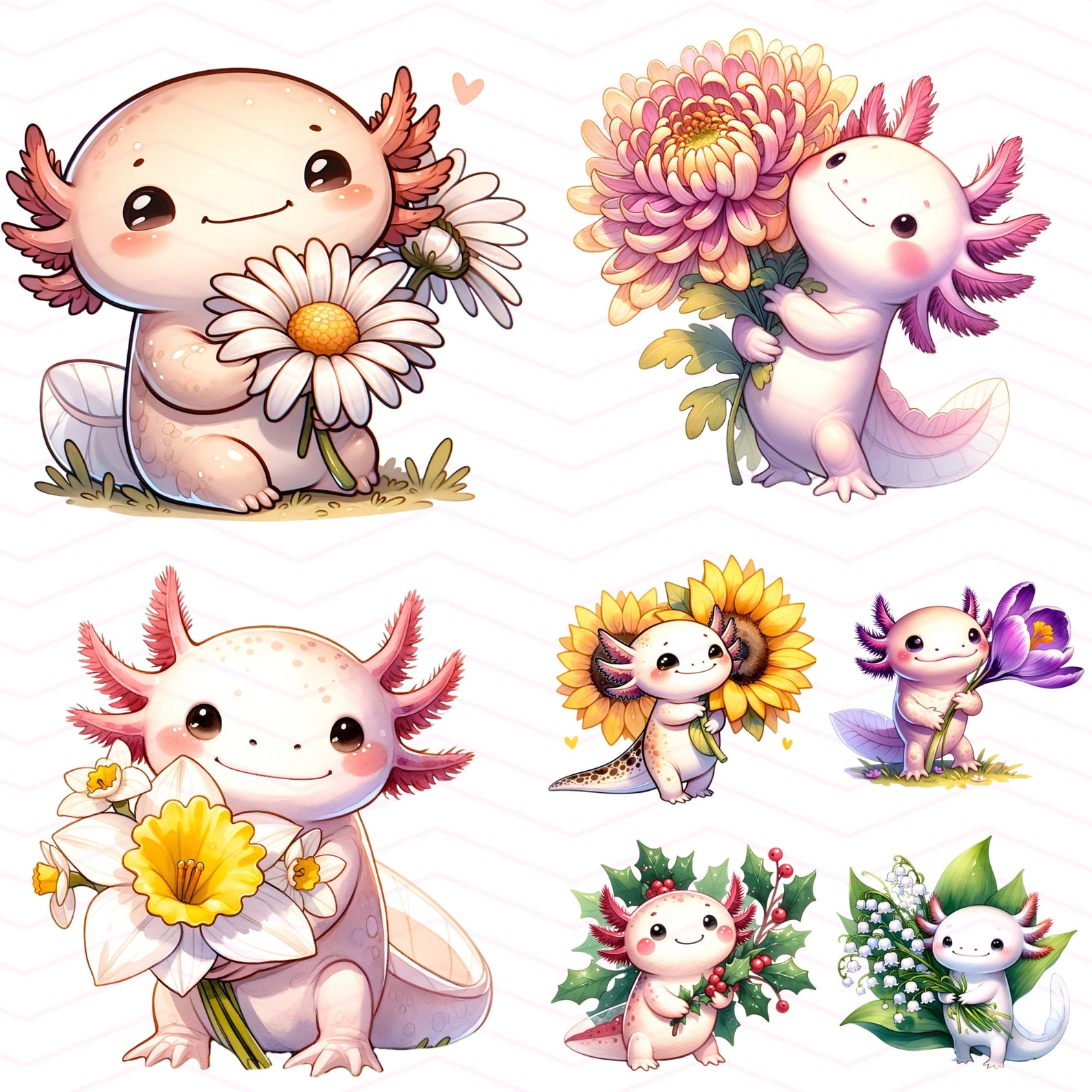 Floral Axolotl Watercolor Clipart, Cute Axolotls With Flowers PNG ...