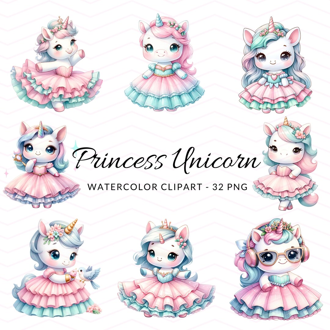 Princess Unicorn Watercolor Clipart: Pastel PNG Files (digital Download ...