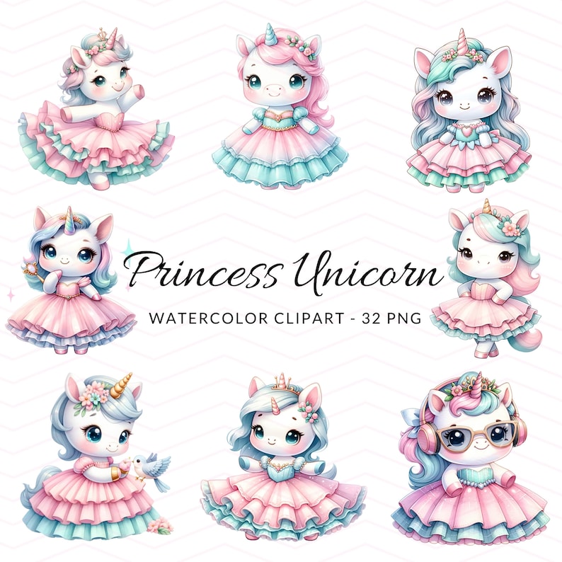 Princess Unicorn Watercolor Clipart: Pastel PNG Files (digital Download ...