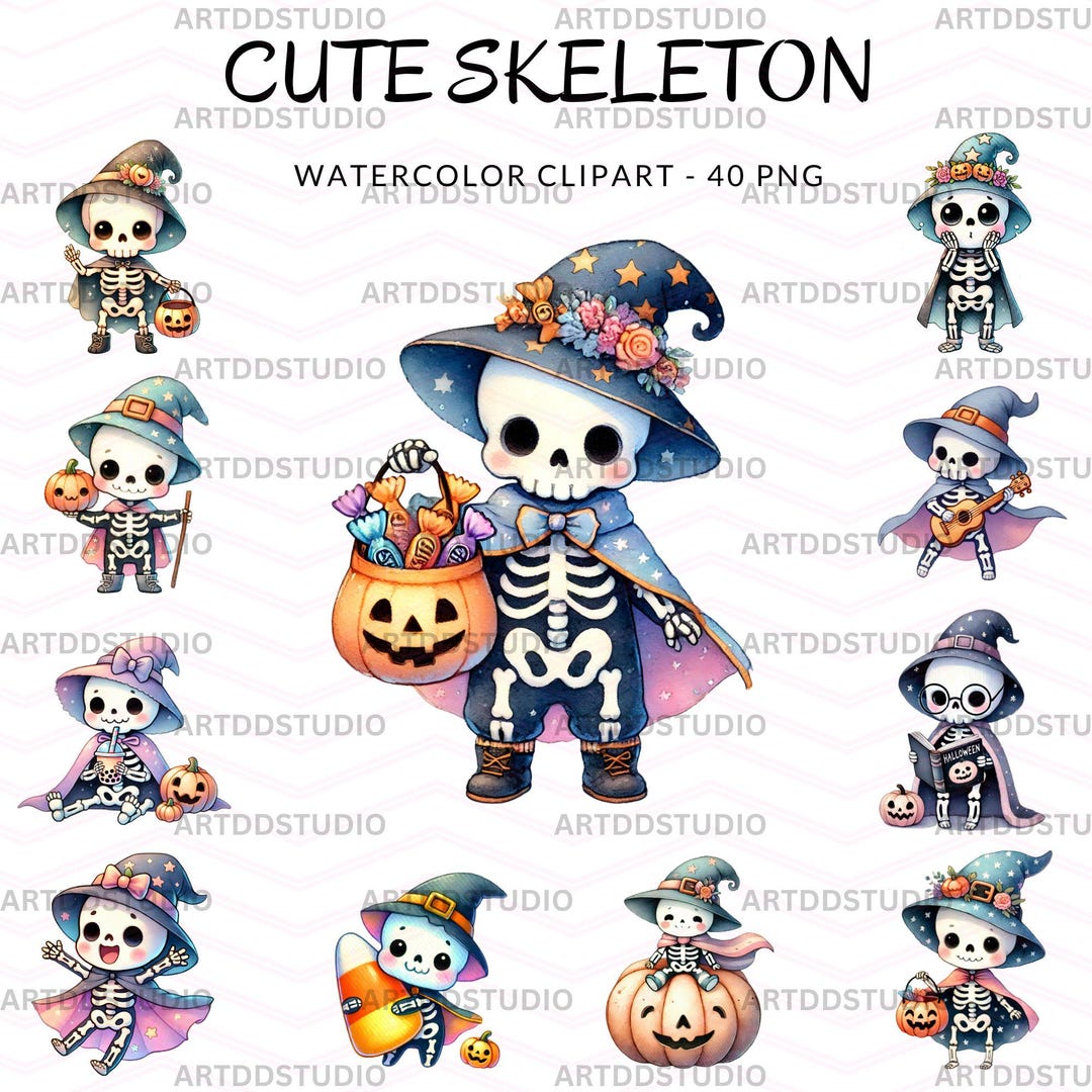 Cute Skeleton Halloween Clipart Bundle | 40 PNG Watercolor Digital ...