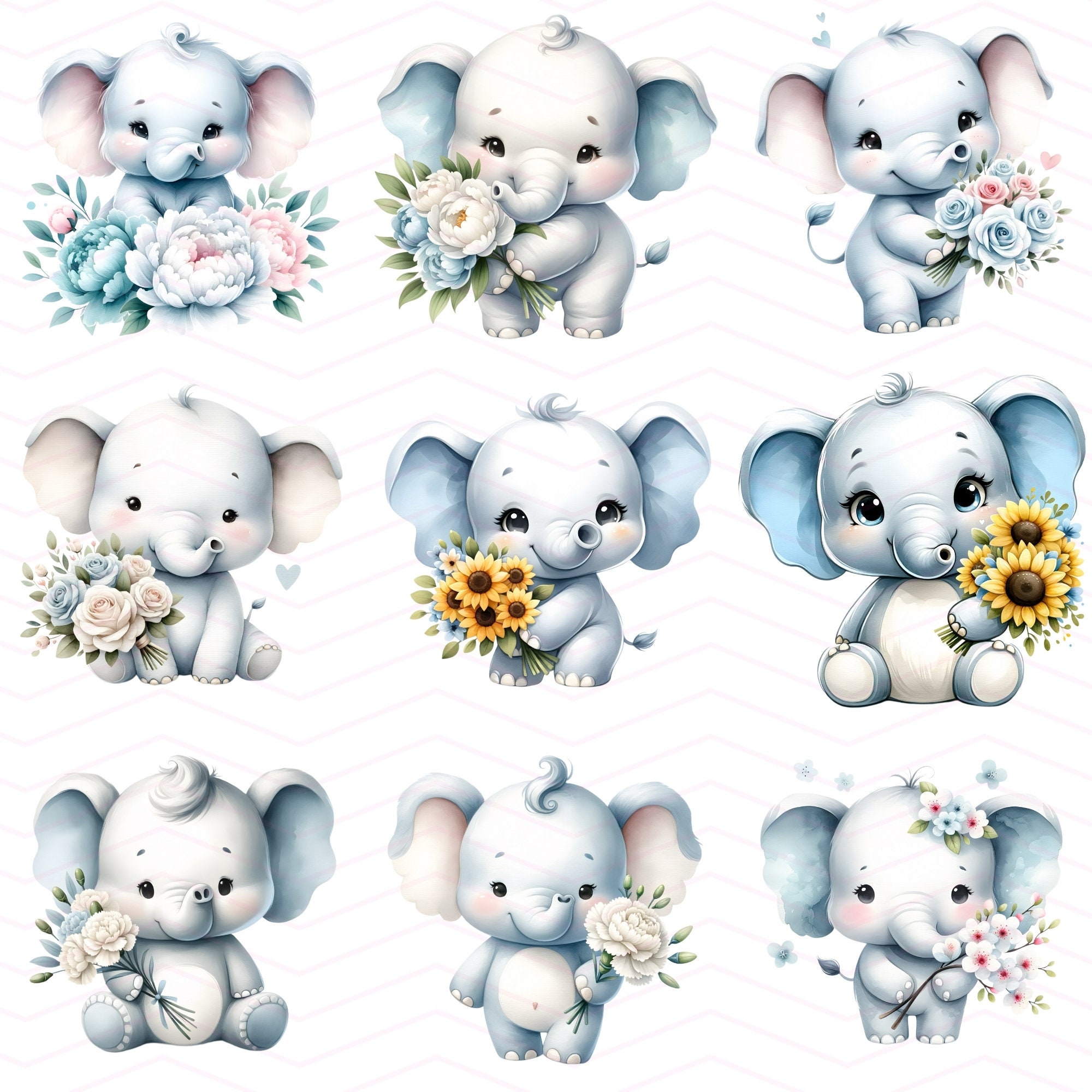 Floral Elephant Clipart Collection Watercolor Baby Elephants With ...