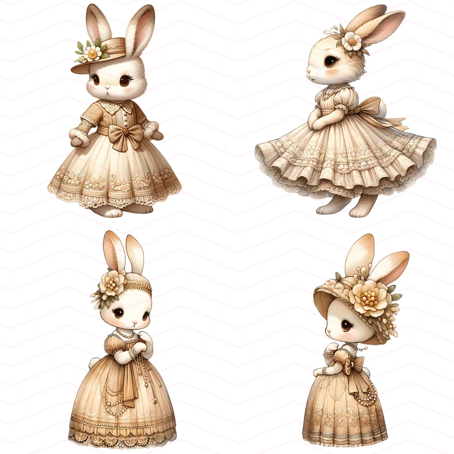 Charming Vintage Rabbit Clipart Elegant Dress-up Bunnies 16 PNG Digital ...