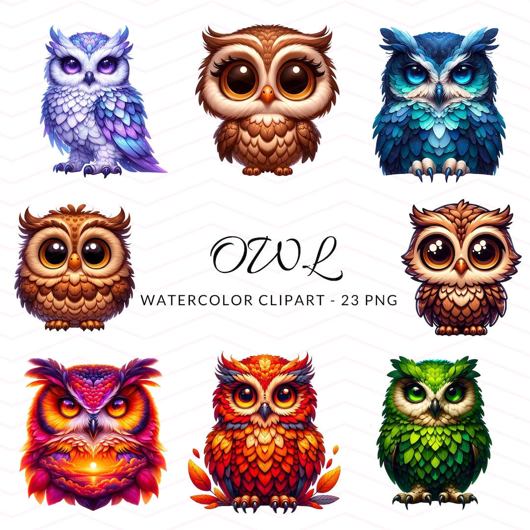 Whimsical Owl Clipart Set, Watercolor Digital PNG Files for Printing ...