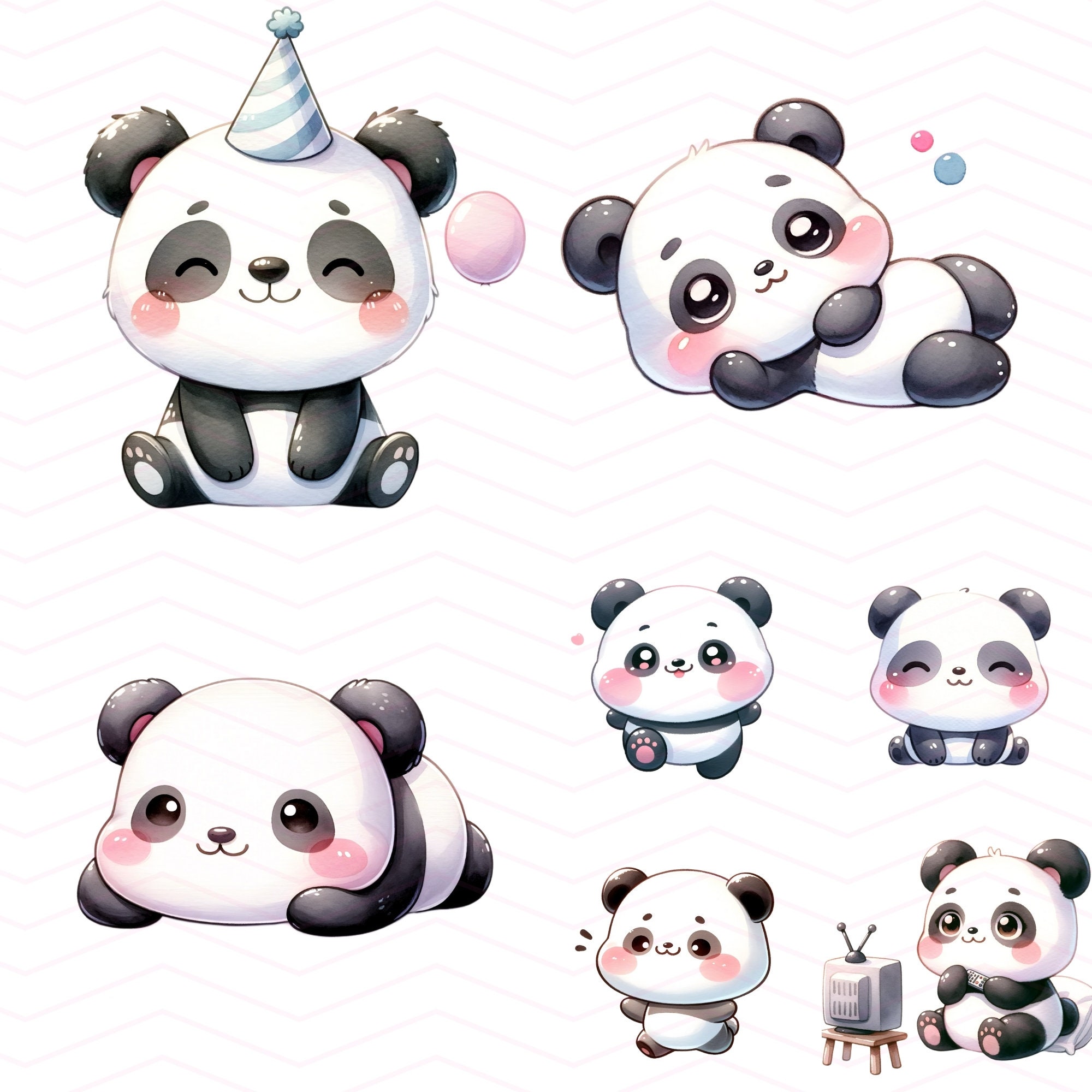 Kawaii Panda Clipart Set Cute Watercolor Panda Digital PNG, Instant ...
