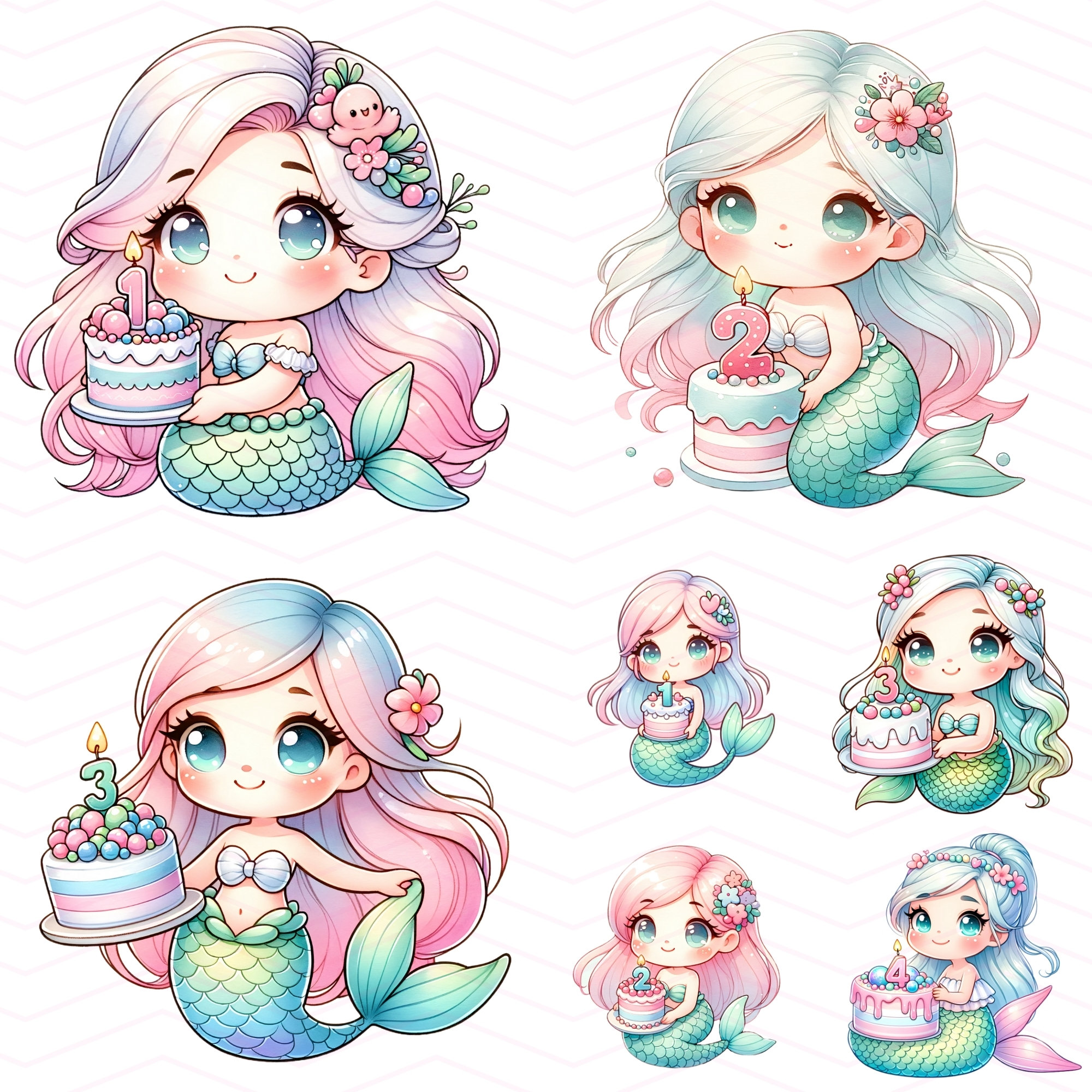Mermaid Birthday Clipart Set Watercolor Mermaids With Cakes, Mermaid ...