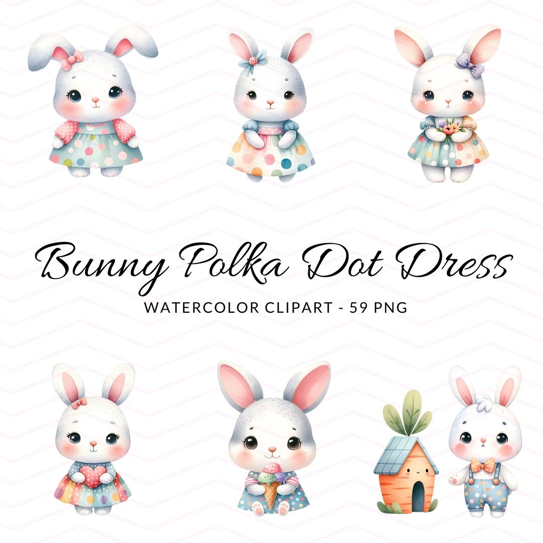 Cute Bunny in Polka Dot Dress Clipart - 59 Watercolor Pngs, Digital ...