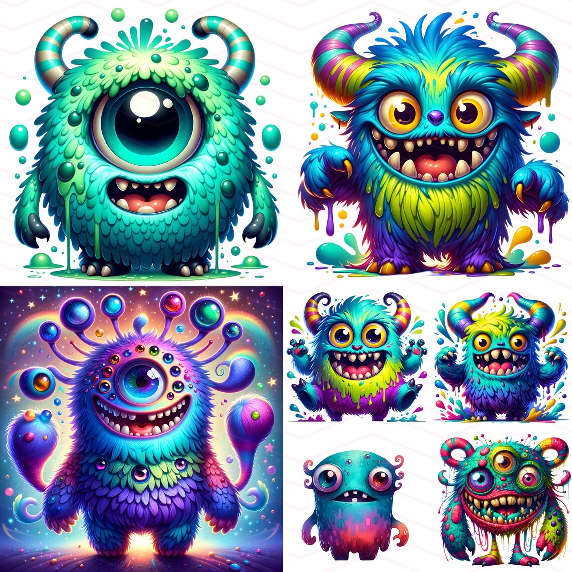 Monster Watercolor Clipart, Cute Digital Creatures PNG, Party Invites ...