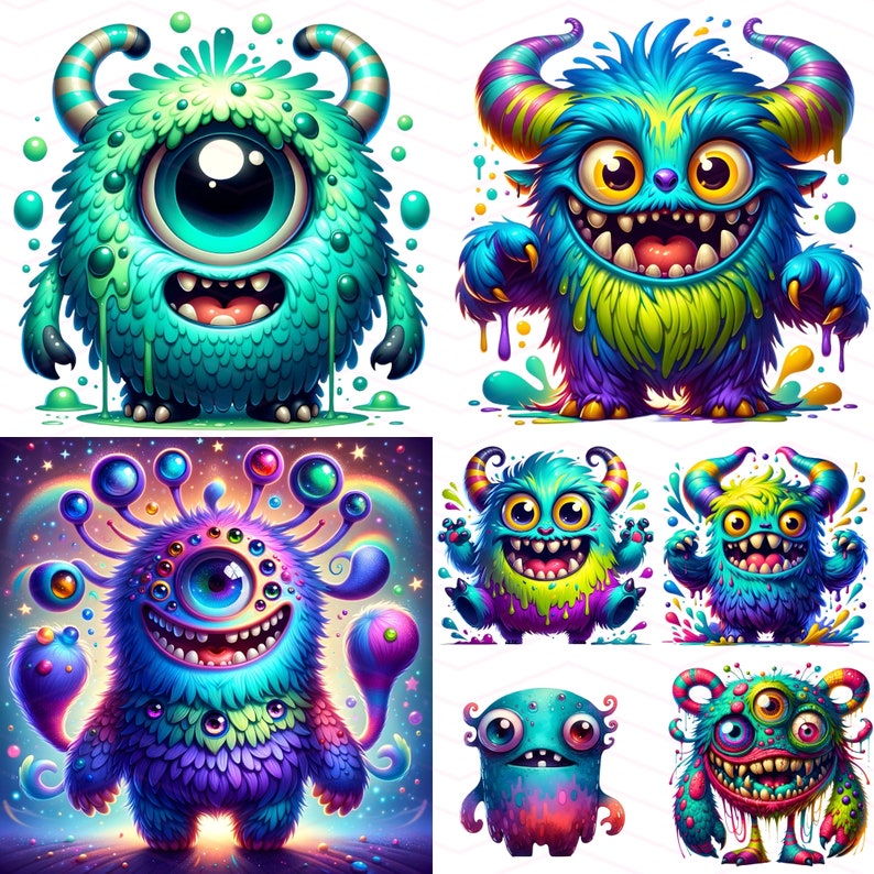 Monster Watercolor Clipart, Cute Digital Creatures PNG, Party Invites ...