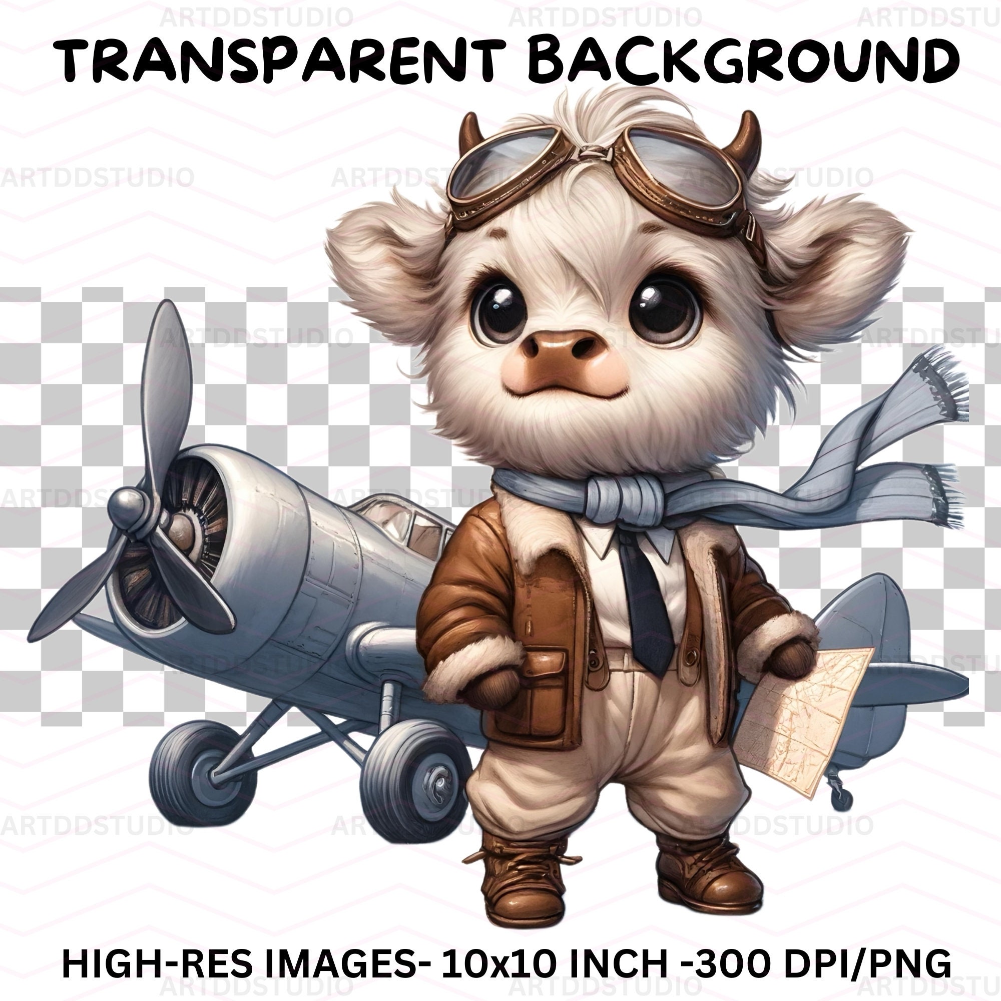 Aviator Highland Cow Watercolor Clipart Pilot Highland Cow & Airplane ...