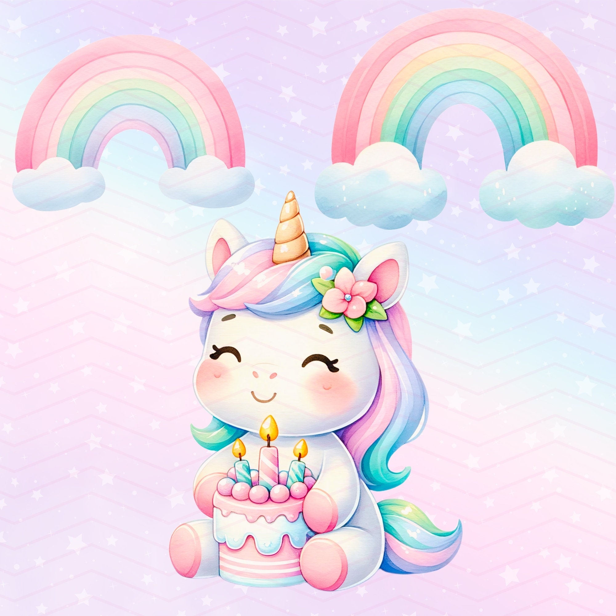 Unicorn Birthday Party Clipart Adorable Watercolor Unicorns With Cakes ...