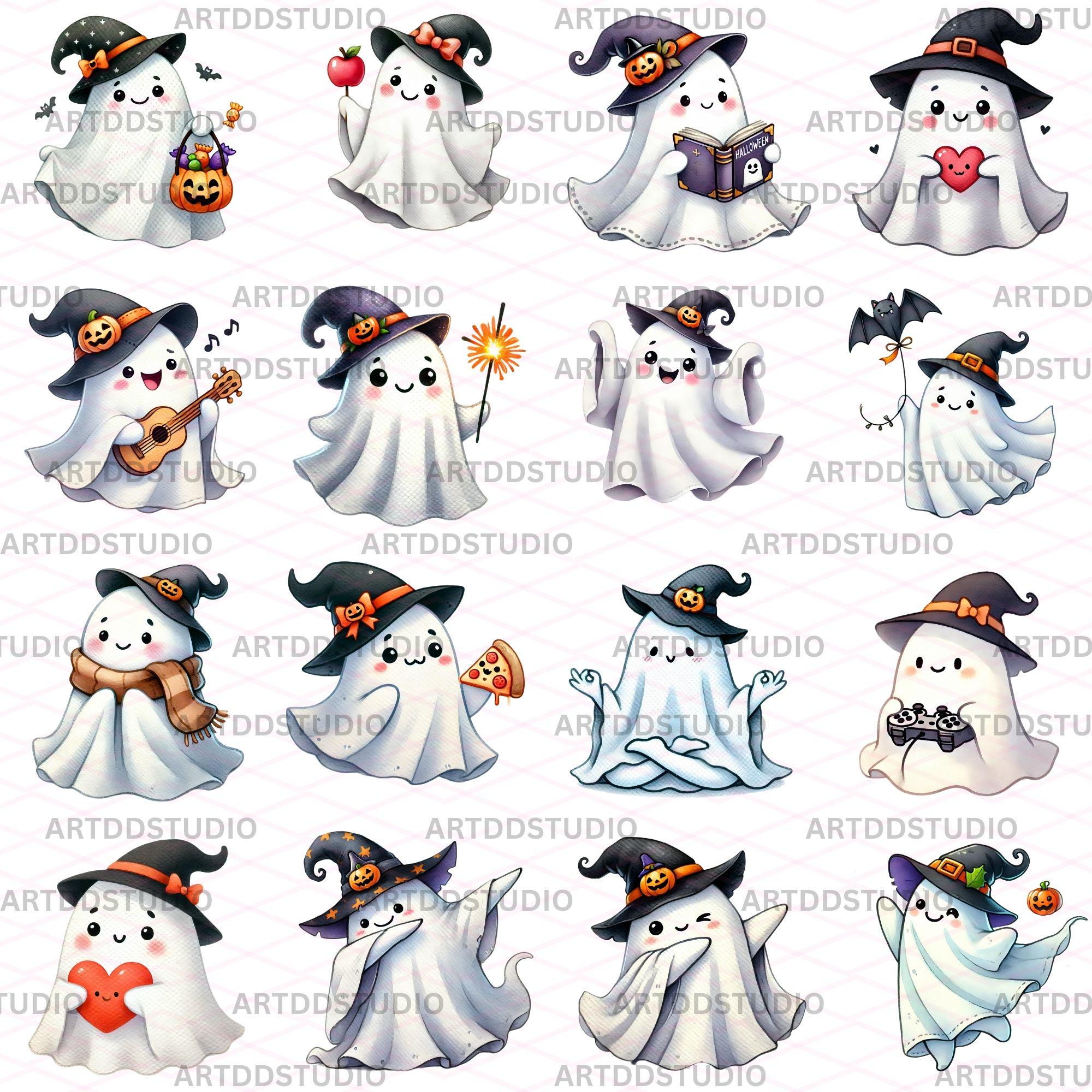 Cute Halloween Ghost Watercolor Clipart Bundle, Witch Hat Ghosts, BOO ...