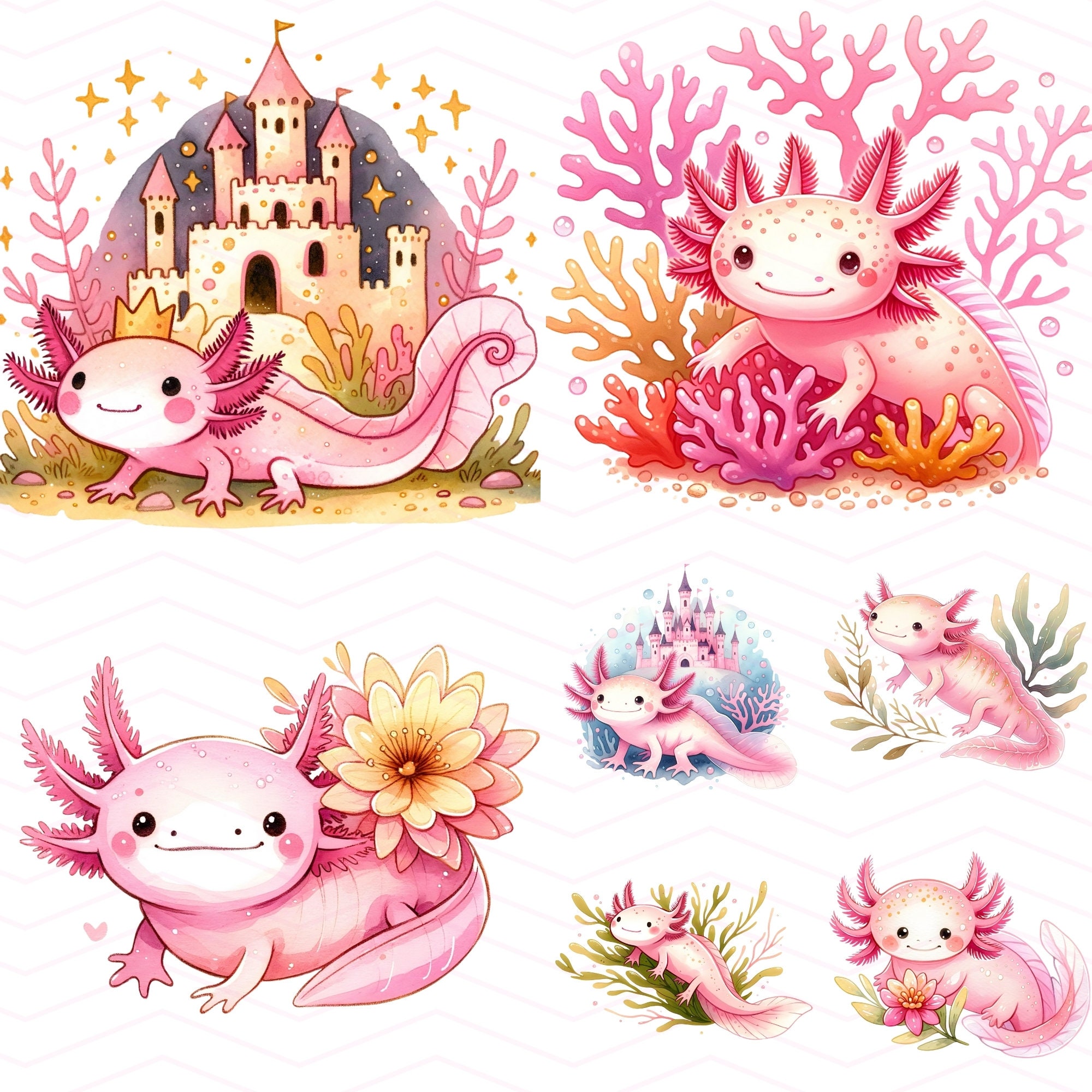 Magical Underwater Axolotl Watercolor Clipart - Cute Watercolor Axolotl ...