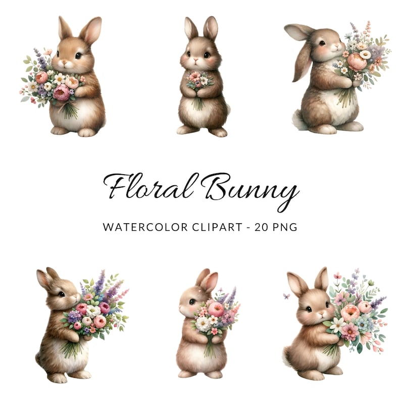 Floral Bunny Watercolor Clipart, Bunnies Clipart, Nursery Spring ...