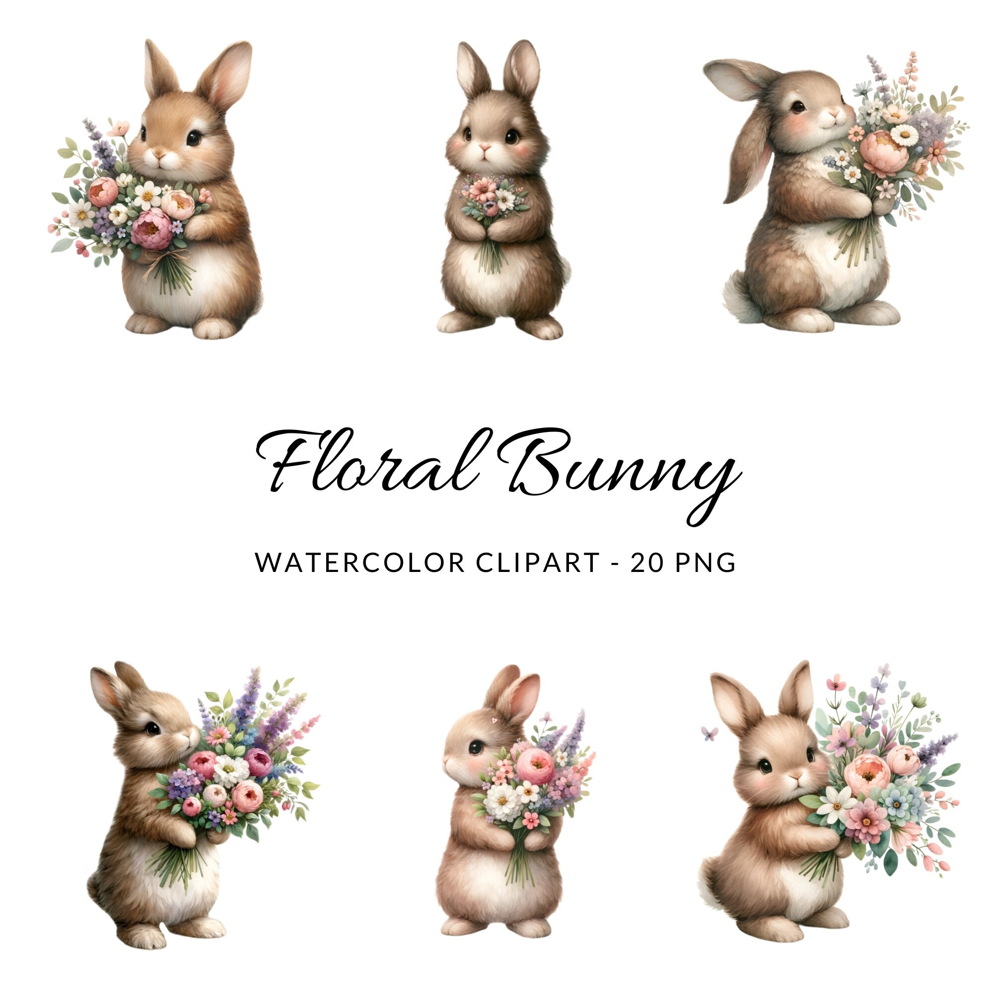 Floral Bunny Watercolor Clipart, Bunnies Clipart, Nursery Spring ...