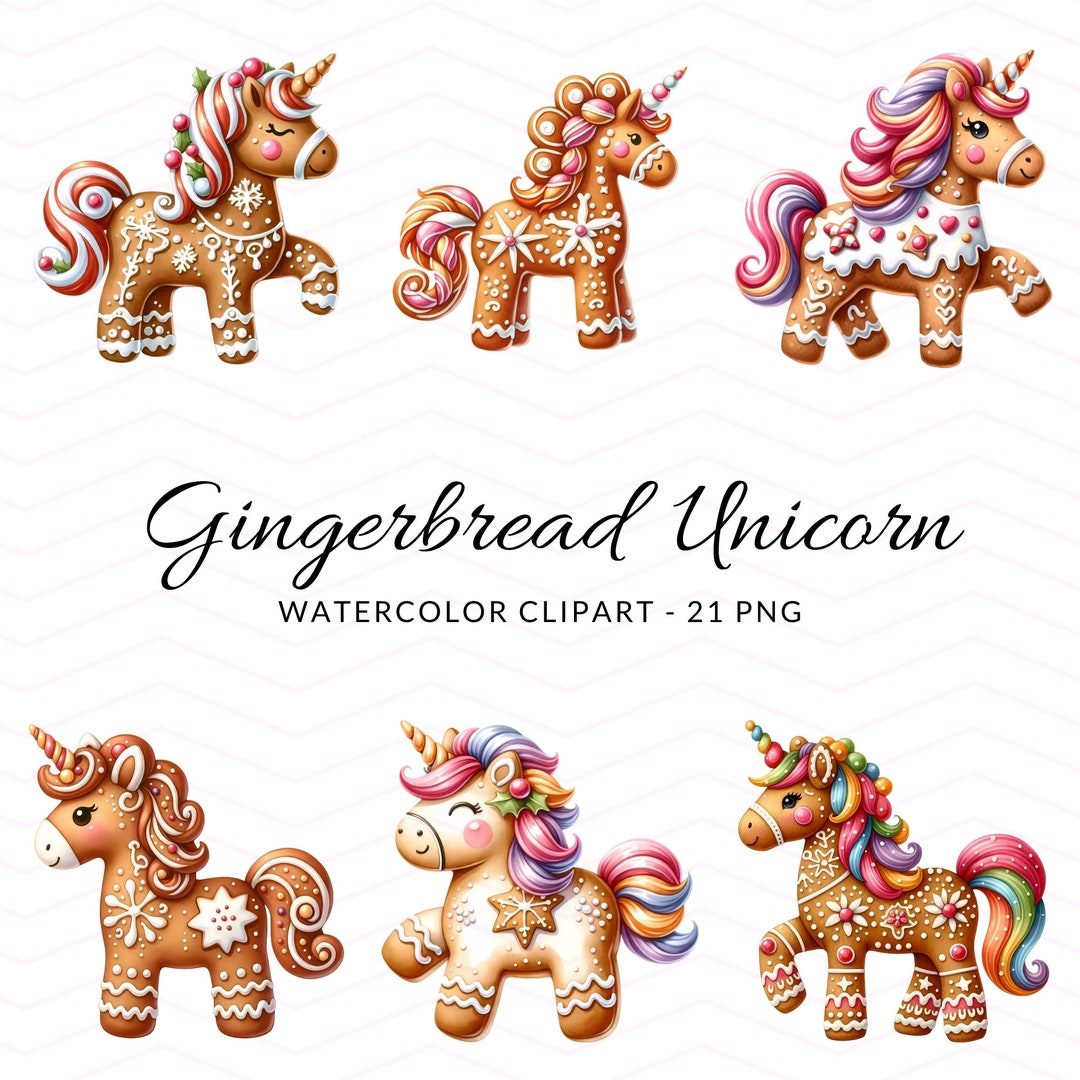 Gingerbread Unicorn Clipart - Watercolor Fantasy Unicorns, Digital ...