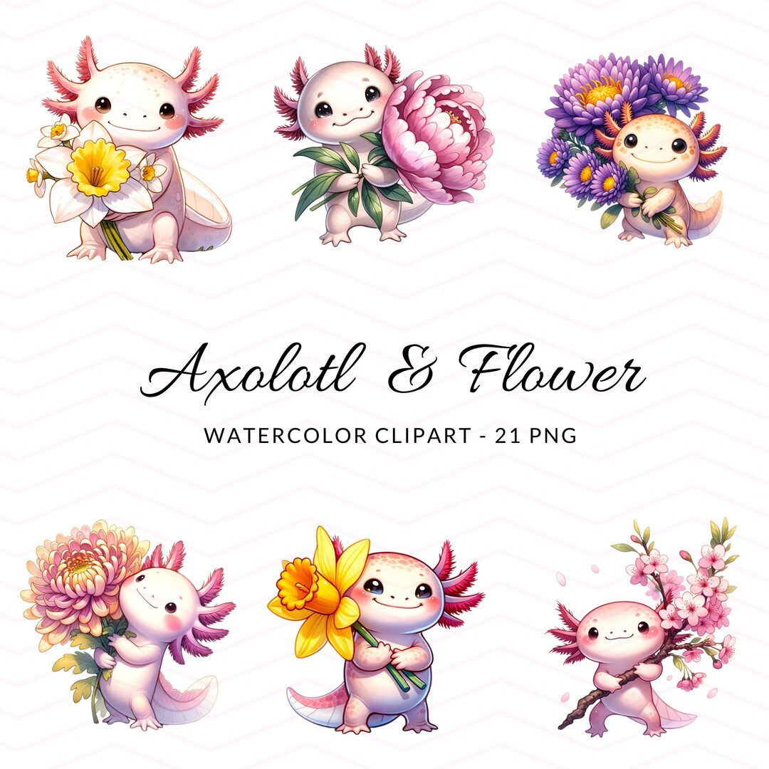Floral Axolotl Watercolor Clipart, Cute Axolotls With Flowers PNG ...