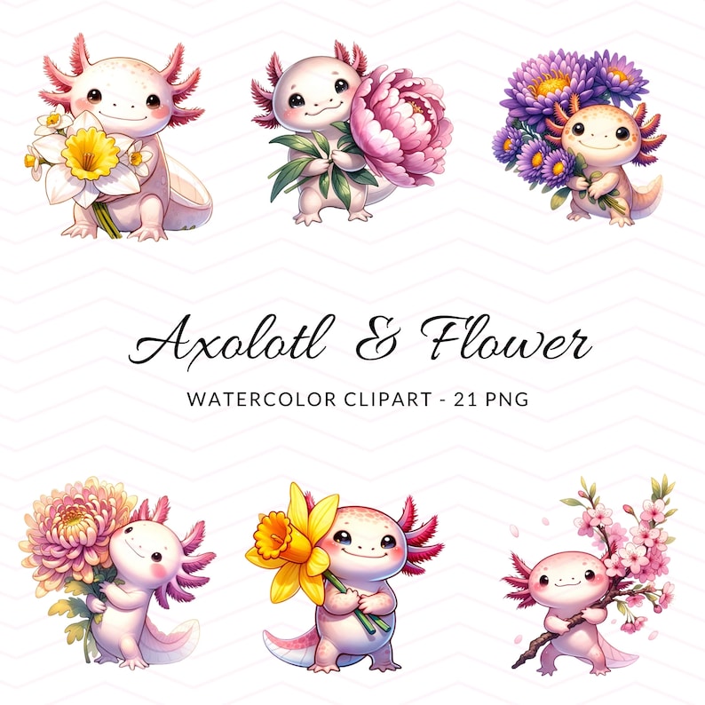 Floral Axolotl Watercolor Clipart, Cute Axolotls With Flowers PNG ...